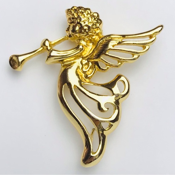 Vintage | Jewelry | Vintage Aai Gold Tone Christmas Angel Trumpet ...